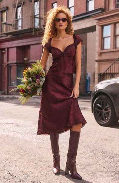 Astr The Label Windey Floral Burnout Satin Midi Skirt - Mulberry