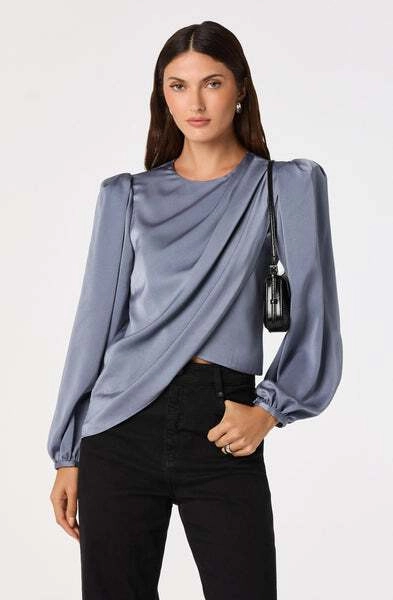 Astr The Label Beatrice Satin Faux-wrap Blouse - Slate Blue