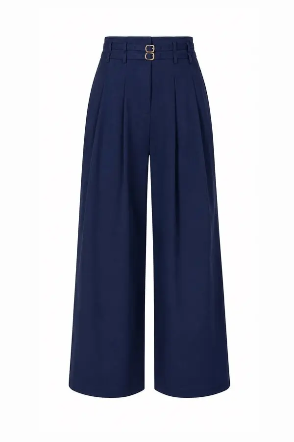 EXQUISE Mckenna Belted High Waisted Pleated Pants Navy