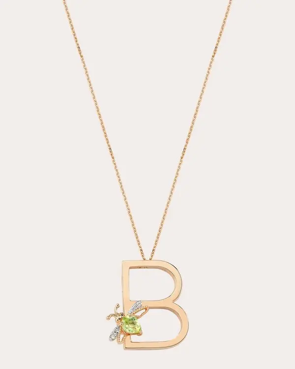 BEE GODDESS Peridot & Diamond Letter B Pendant Necklace - Gold