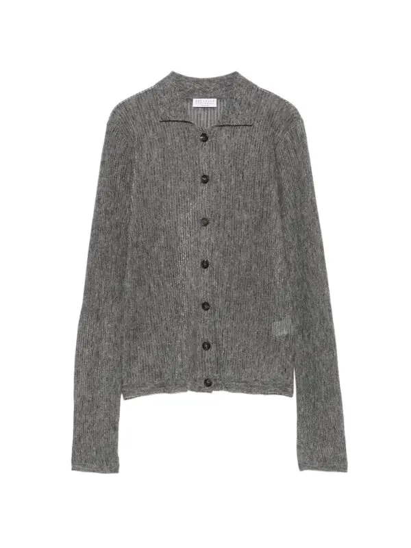 Brunello Cucinelli Wool And Silk Ribbed Knit Polo Shirt - Grey