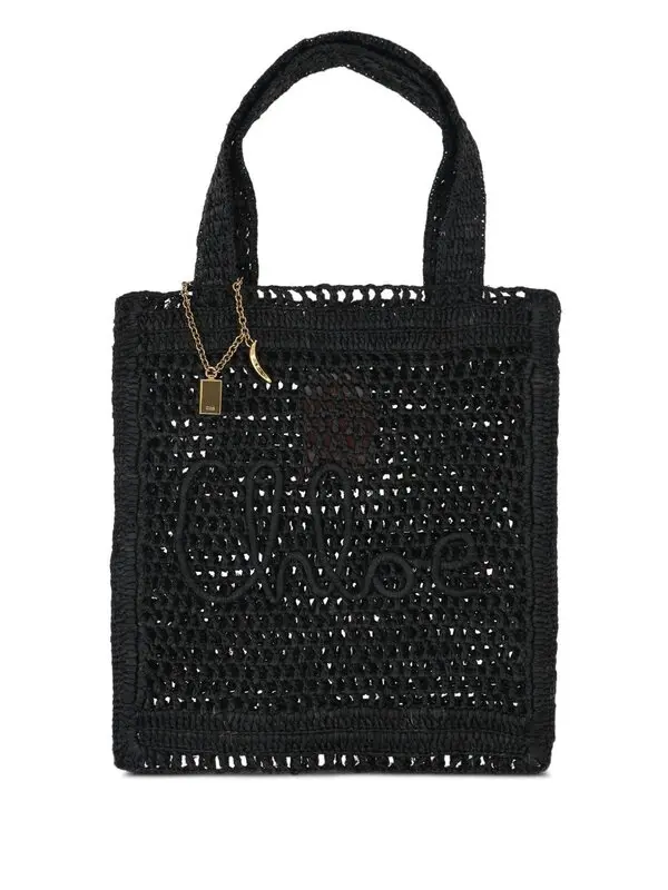 Chloé Raffia Tote Bag With Gold Tone Hardware - Black