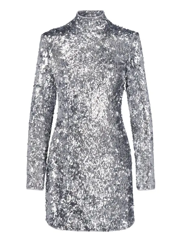 Balmain Long Sleeve High Neck Sequin Mini Dress