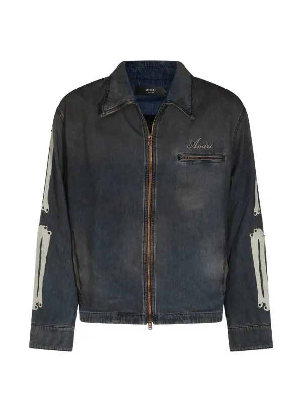 Amiri Distressed Denim Jacket With Bone Patch And Zip Pockets