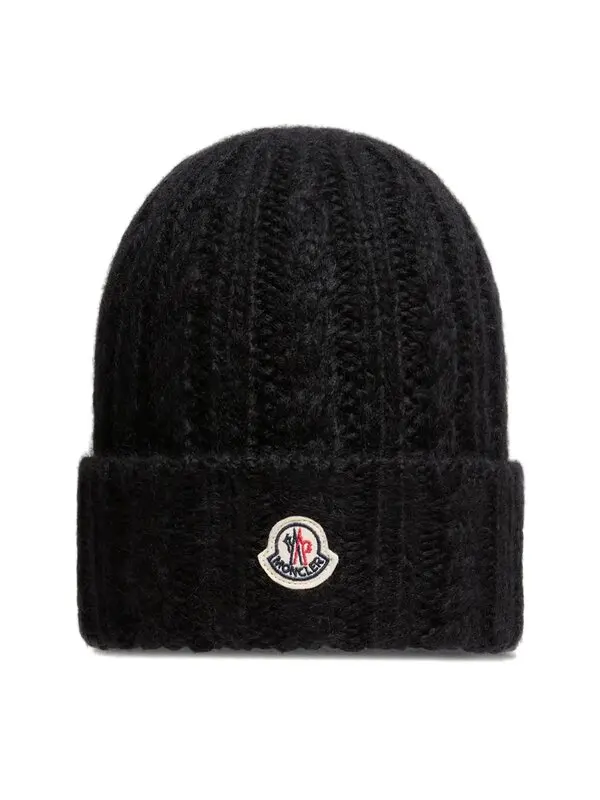 Moncler Wool, Nylon & Alpaca Cable & Rib Knit Hat With Logo Patch - Nero