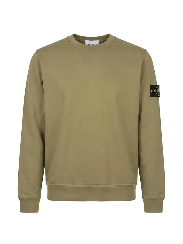 Stone Island Inspired Cotton Fleece Crewneck Sweatshirt With Sleeve Badge - Verde