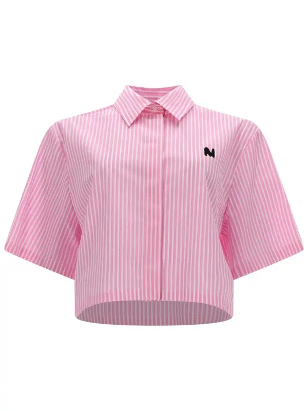 MSGM Cropped Striped Cotton Shirt
