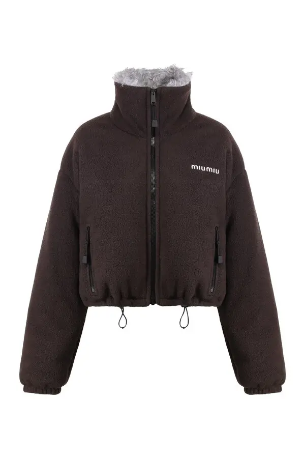 Miu Miu Chocolate Pile Down Jacket With Stand Collar - Brown