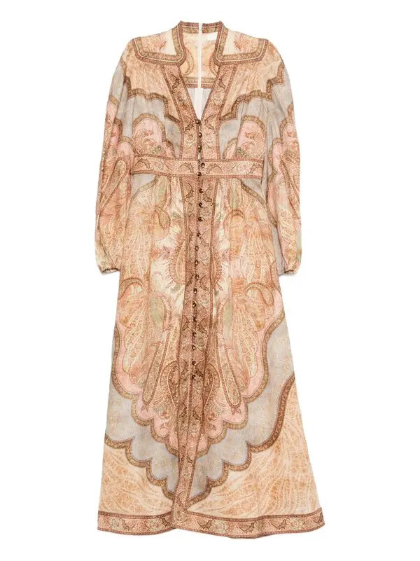Zimmermann Deep V-neck Rouleau-button Linen Mini Dress With Gathered Waist - Marrone