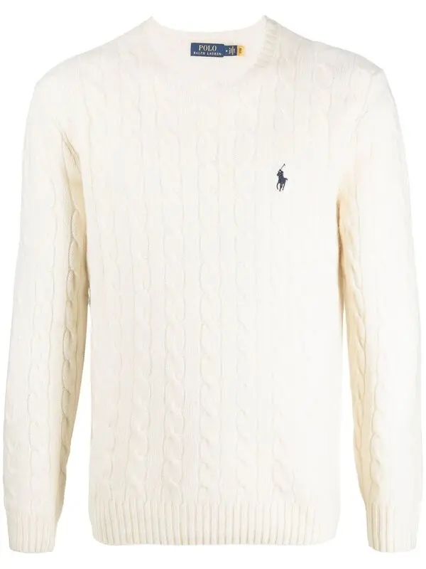 Polo Ralph Lauren Wool-cashmere Blend Embroidered Logo Cable-knit Crewneck Sweater - Beige