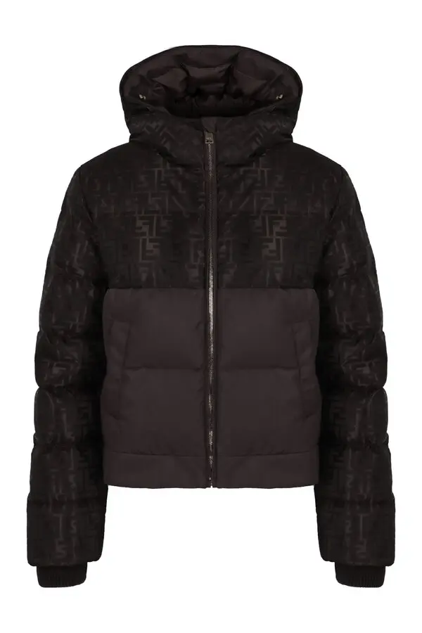 Fendi Short Padded Down Jacket In Shiny Nylon Jacquard With Iconic Ff Pattern