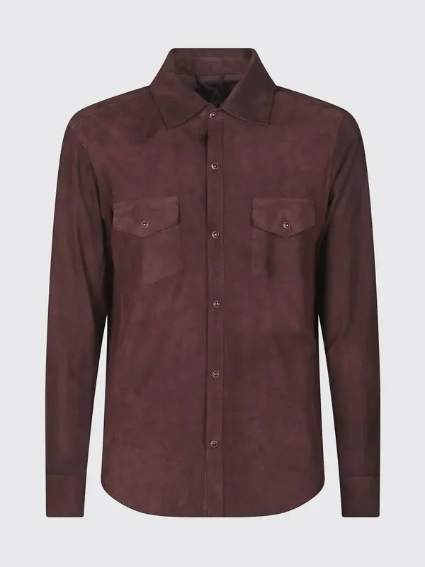 Eleventy Slim Fit Suede Leather Shirt With Patch Pockets