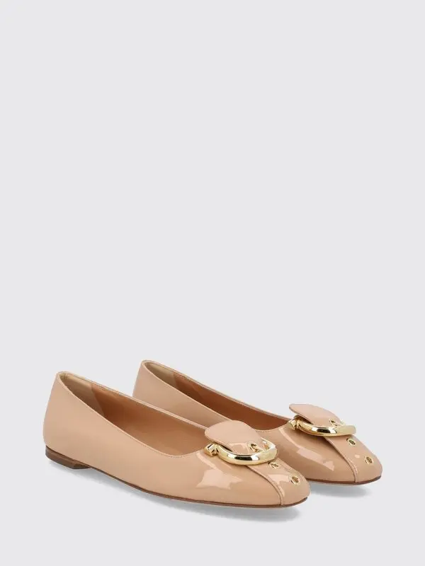 FERRAGAMO Patent Leather Buckled Ballerina Flats - Beige