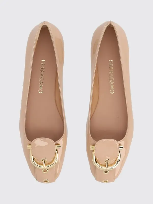 FERRAGAMO Patent Leather Buckled Ballerina Flats - Beige