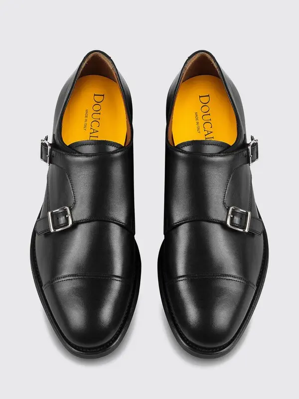 DOUCAL'S Double Monk Strap Dress Shoes In Smooth Calfskin Leather - Black