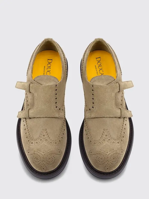 DOUCAL'S Suede Double Monk Strap Shoes With Round Toe And Wingtip Brogue Detailing - Cocoa
