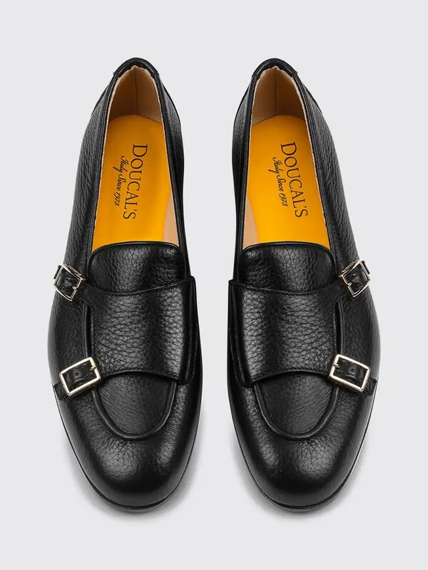 DOUCAL'S Deerskin Double Monk Strap Shoes With Raised Moc-toe - Black