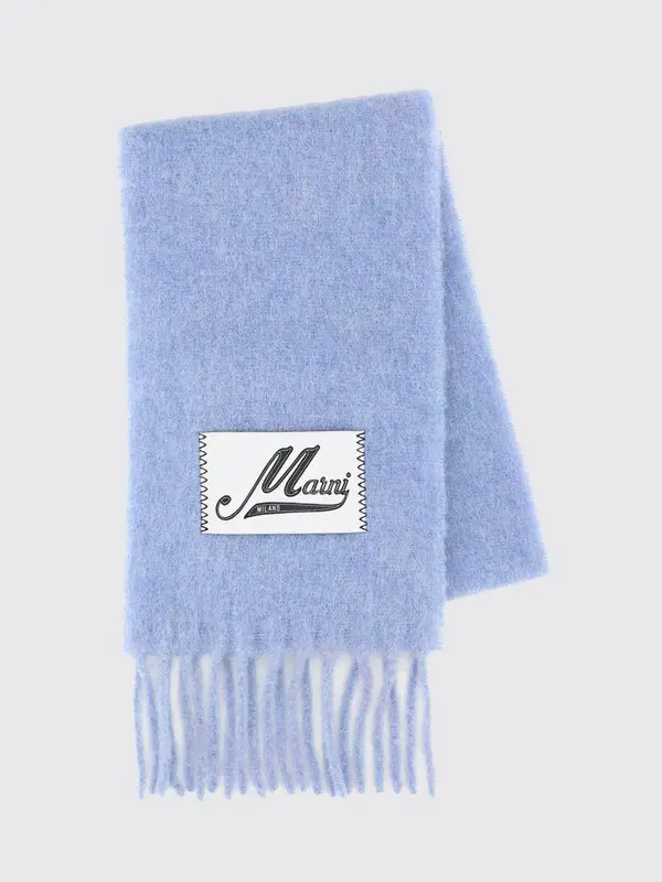 Marni Logo-patch Fringed Alpaca Wool-blend Scarf In A Colour-block Design - Blue