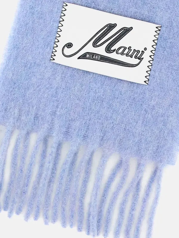 Marni Logo-patch Fringed Alpaca Wool-blend Scarf In A Colour-block Design - Blue