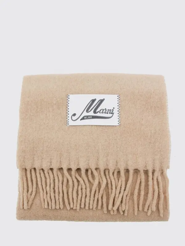 Marni Logo-patch Fringed Alpaca Wool-blend Scarf In A Colour-block Design - Beige