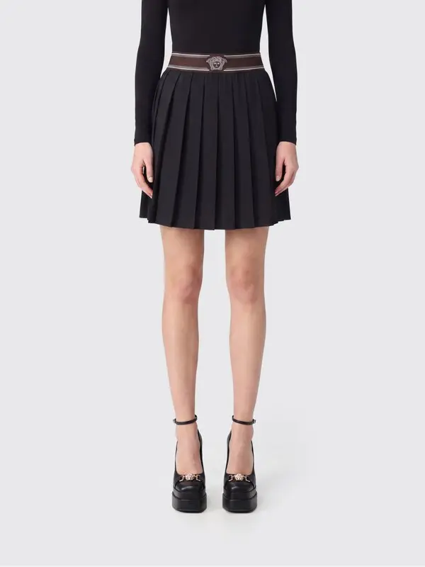 Versace Pleated Wool And Mohair Mini Skirt With High Logo Waistband