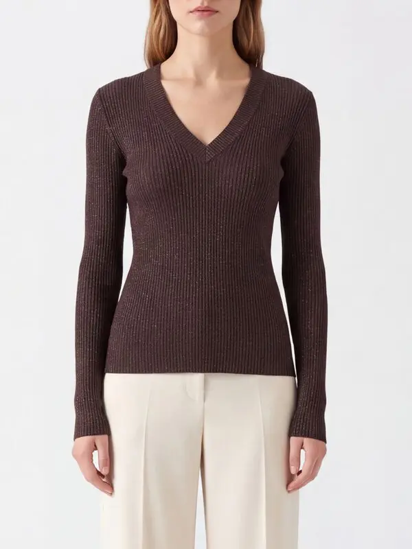 Liu Jo Slim Fit Ribbed V-neck Jumper With Laminated Yarn - Brown