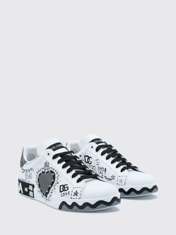 Dolce & Gabbana Portofino Studded Calf Leather Sneakers With Lettering Logo - White