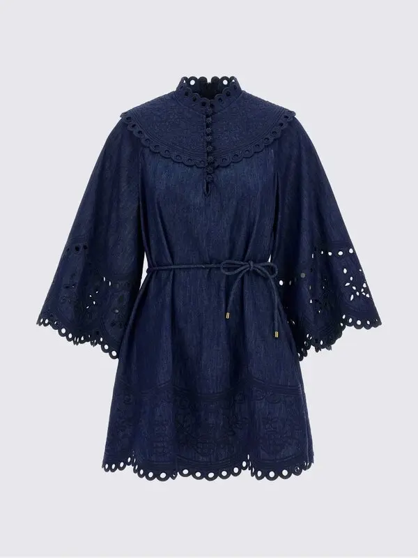 Zimmermann Mahon Denim Mini Dress With Kimono Sleeves And Lace
