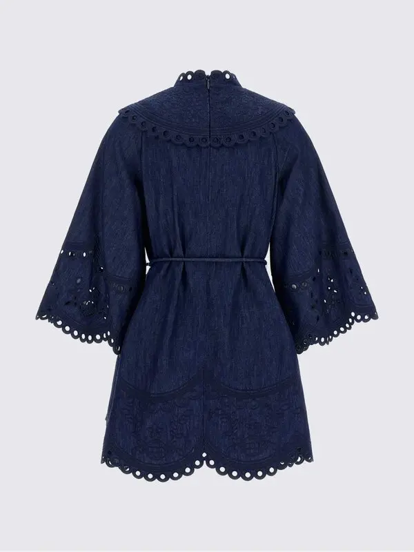 Zimmermann Mahon Denim Mini Dress With Kimono Sleeves And Lace