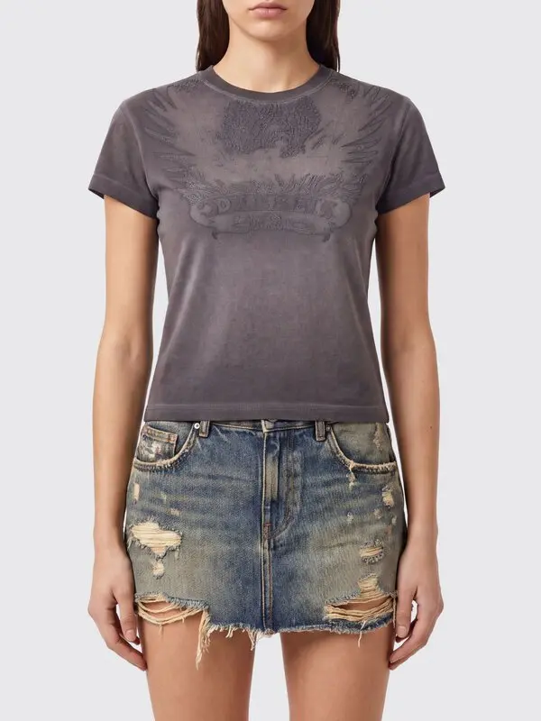 DIESEL® Slim Fit Cotton T-shirt With Embroidered Logo And Dévoré Details - Wine