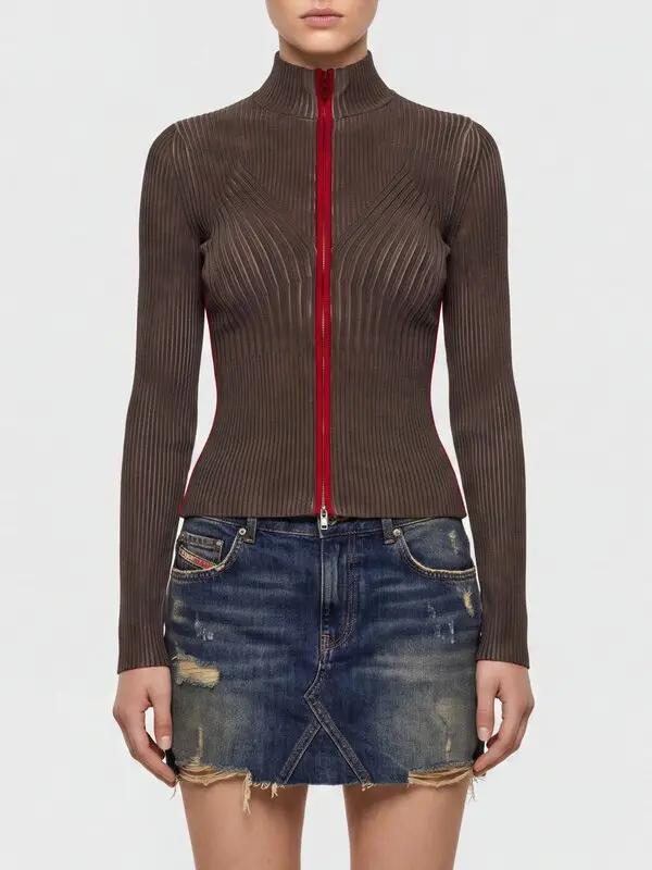 DIESEL® Slim Fit Ribbed Viscose Turtleneck Cardigan With Zip Closure - Brown