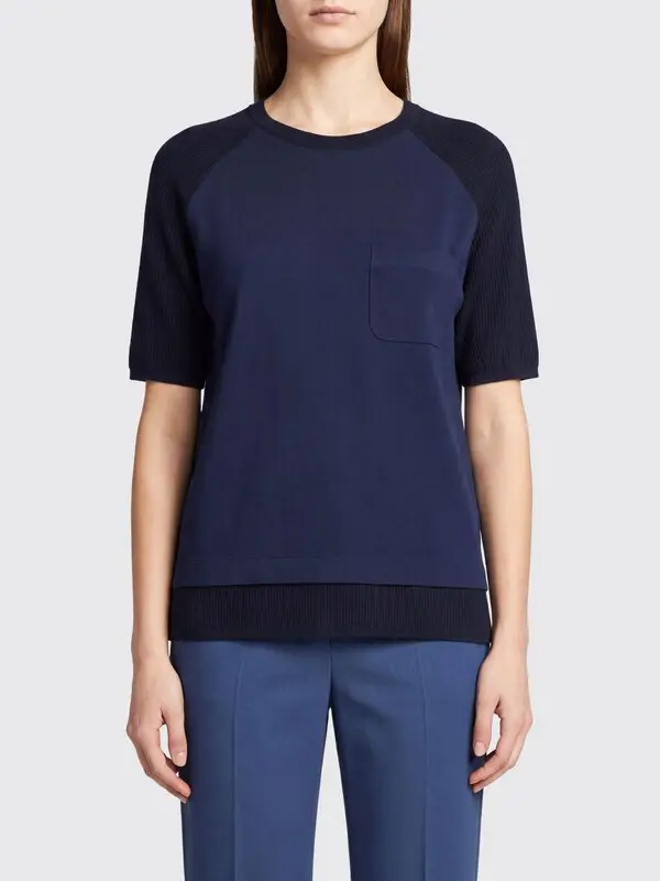 Max Mara Silk And Cashmere Crewneck T-shirt With Patch Pocket - Blue
