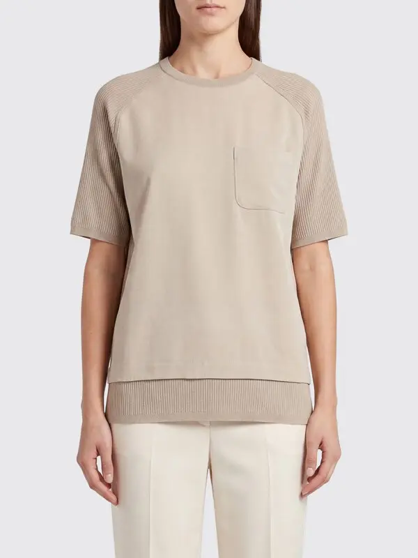 Max Mara Silk And Cashmere Crewneck T-shirt With Patch Pocket - Grey