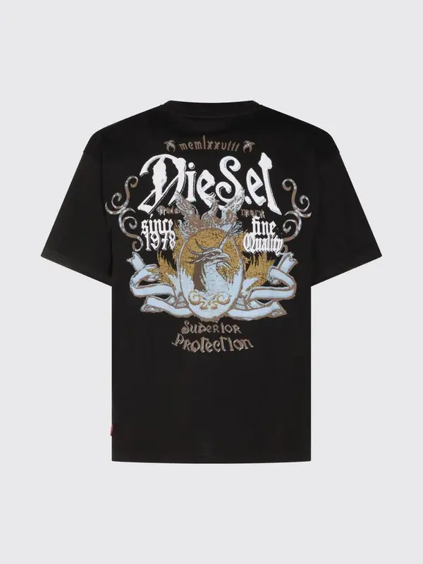 DIESEL® Relaxed Fit Cotton T-shirt With Graphic Print And Flocked Logo - Black