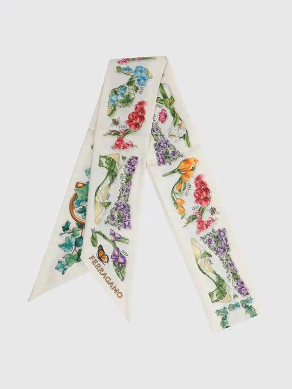 FERRAGAMO All-over Floral Print Pure Silk Bandeau Scarf - White