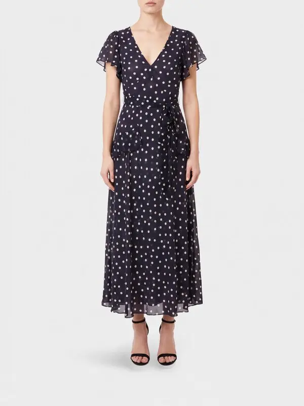 Rixo Polka-dot Silk Flared Midi Dress With Waist Tie - Blue