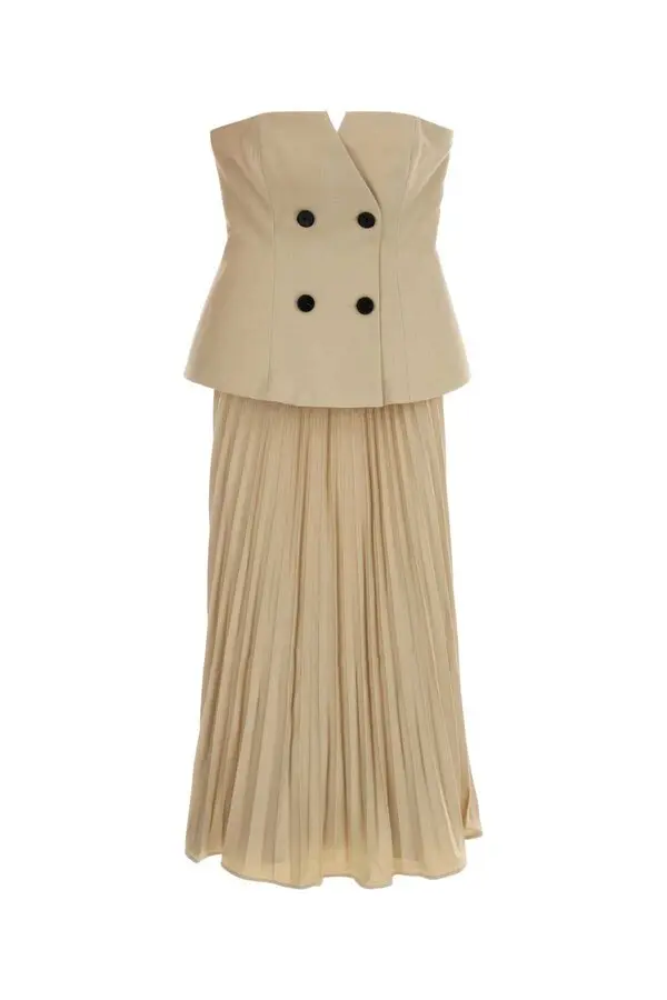 SELF-PORTRAIT Beige Stretch Gabardine Dress With Pleated Skirt