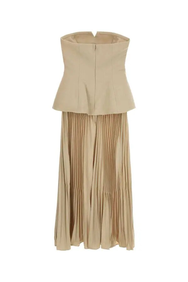 SELF-PORTRAIT Beige Stretch Gabardine Dress With Pleated Skirt