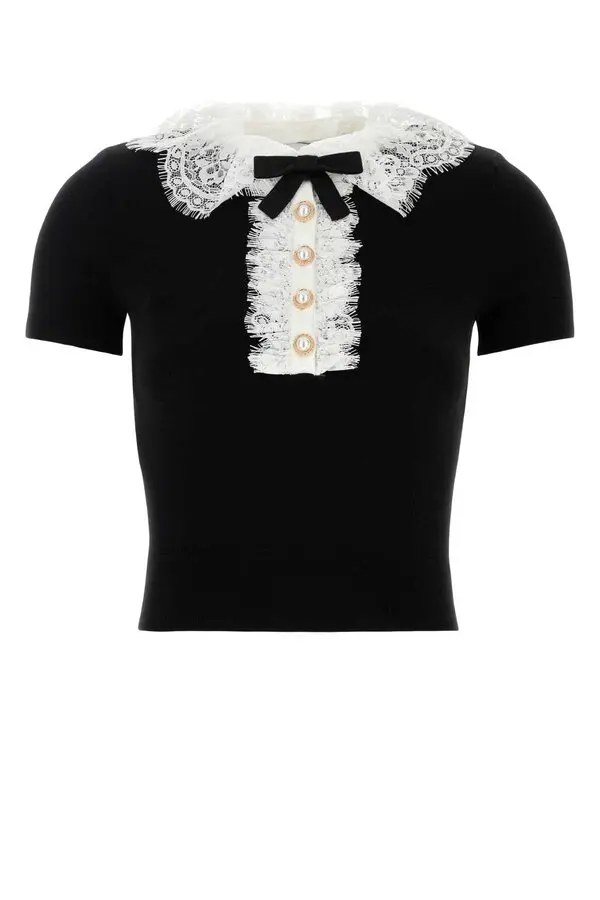 SELF-PORTRAIT Wool Top With Lace Collar And Bow Detail