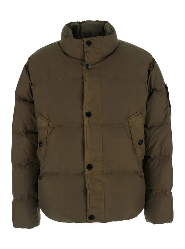 Stone Island Green High Collar Jacket With Logo Patch On Sleeve In Tech Fabric For