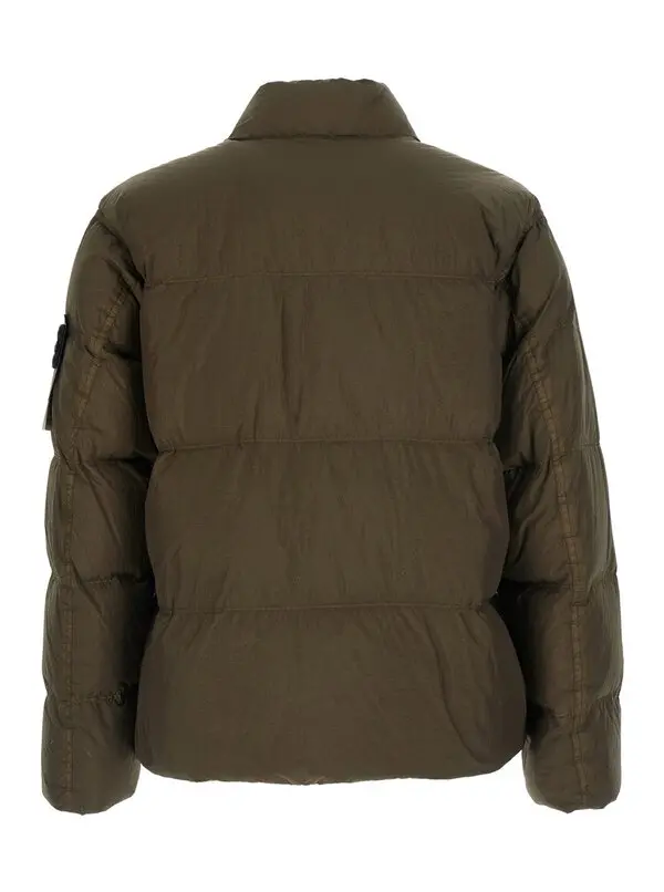 Stone Island Green High Collar Jacket With Logo Patch On Sleeve In Tech Fabric For