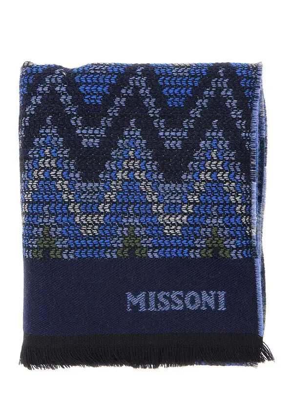 Missoni Blue Scarf With All-over Zig Zag Motif And Logo Lettering In Wool For - Multicolor