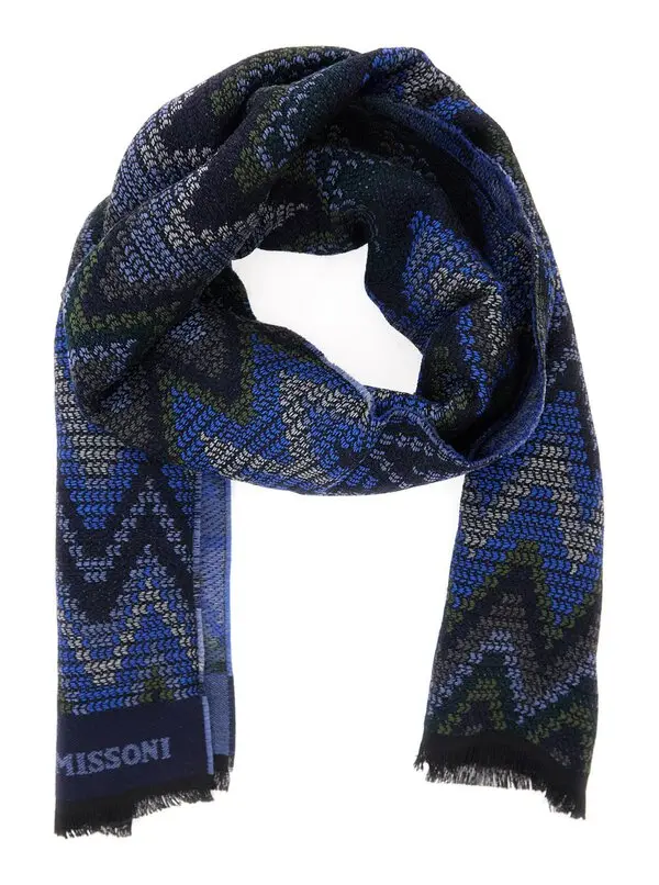Missoni Blue Scarf With All-over Zig Zag Motif And Logo Lettering In Wool For
