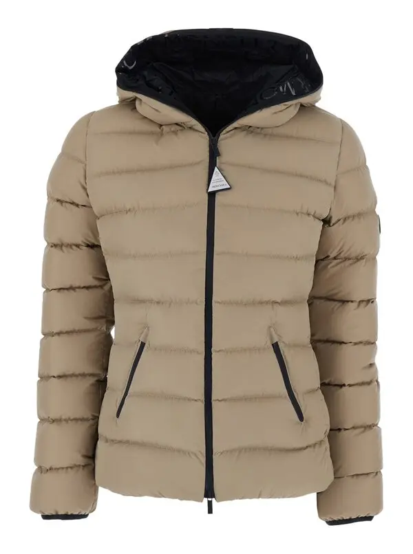 Moncler Beige Down Jacket With Hood And Logo Patch - Multicolor