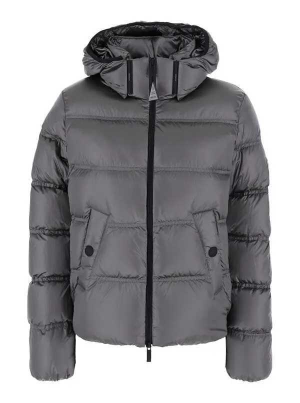 Moncler Gray Tech Fabric Down Jacket With Hood And Logo Patch - Multicolor