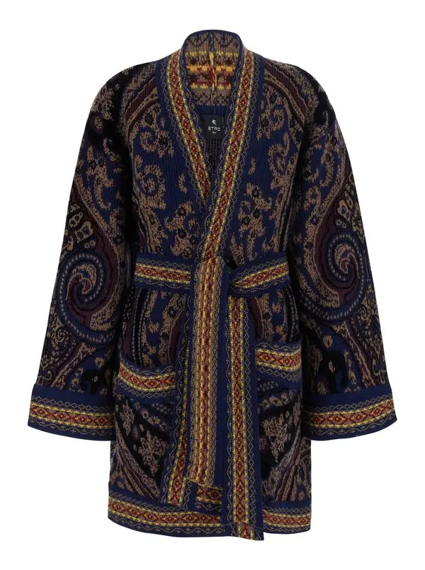 Etro Wool Blend Geometric Embroidered Belted Cardigan - Multicolor