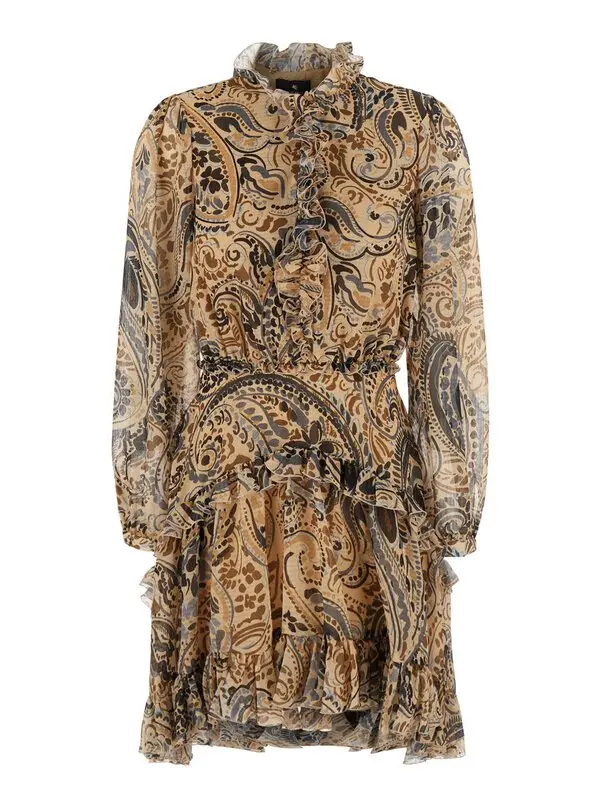 Etro Beige Mini Dress With Ruffle Details And All-over Print In Tech Fabric For - Multicolor