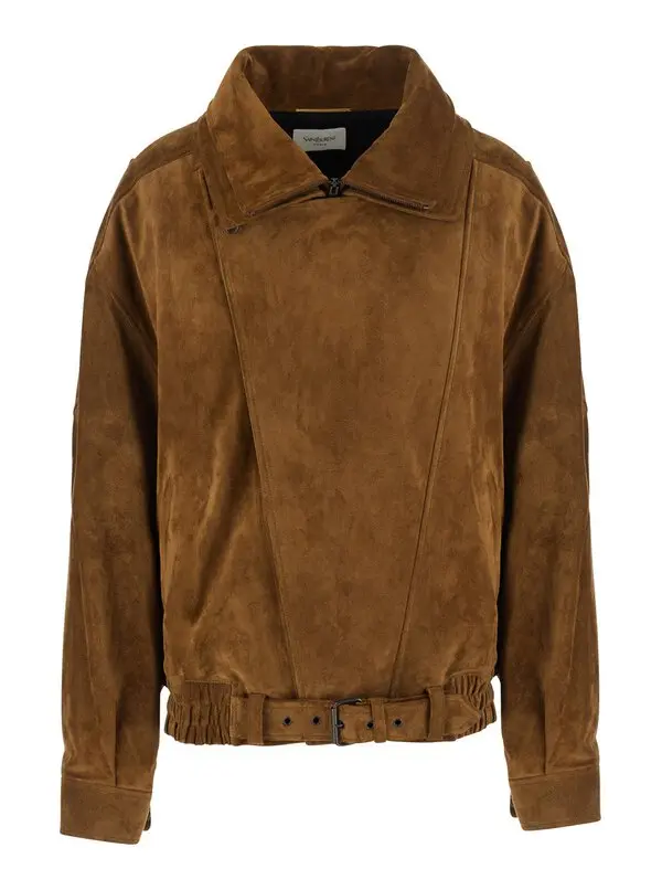 Saint Laurent Brown Jacket With Classic Collar And Buckled Belt In Suede For - Multicolor