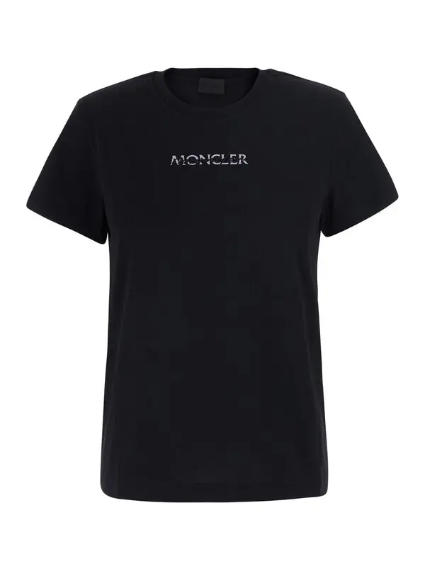 Moncler Crew Neck T-shirt With Logo Lettering On The Front And Logo Patch On The Sleeve In Cotton For - Black