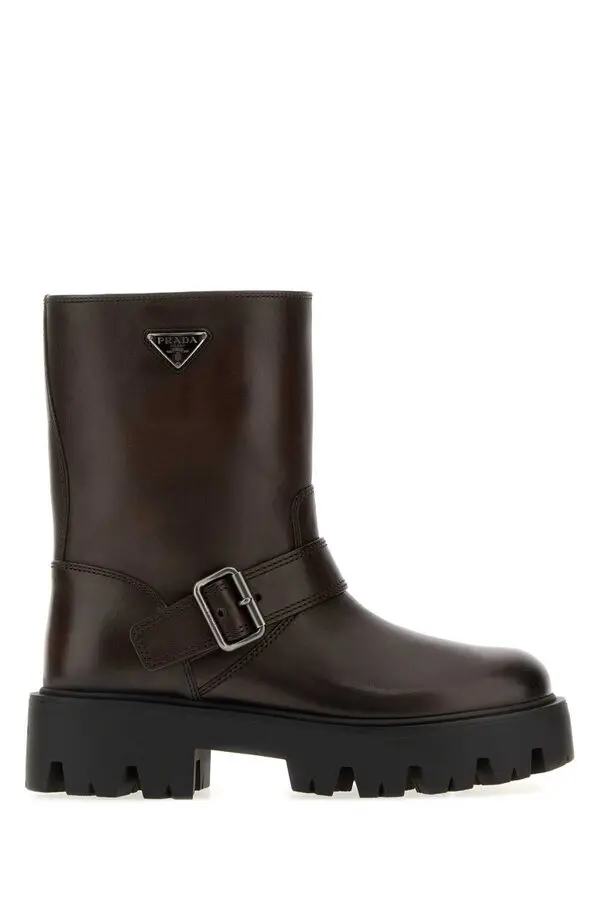 Prada Leather Ankle Boots With Buckle Detail - Brown